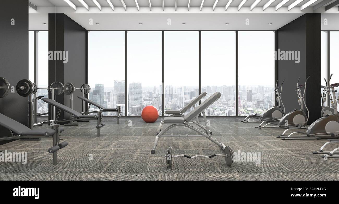3d rendering modern and luxury fitness and gym with carpet and ...