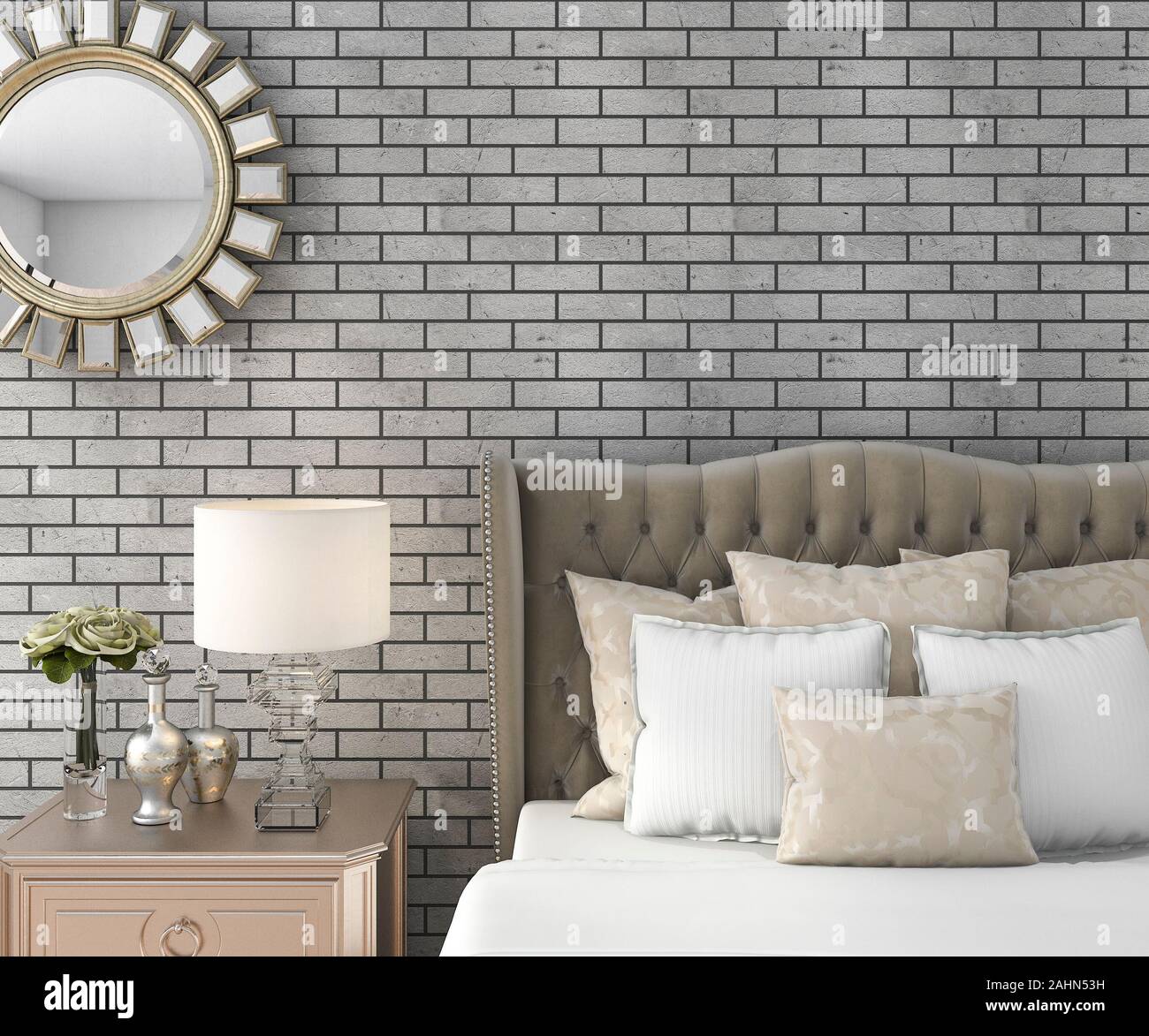 3d rendering classic luxury bedroom with pouf and mirror and brick wall ...