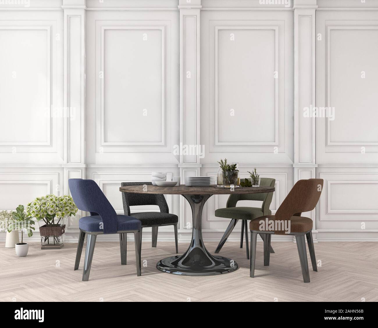3d rendering colorful chair and dining table in classic white dining ...