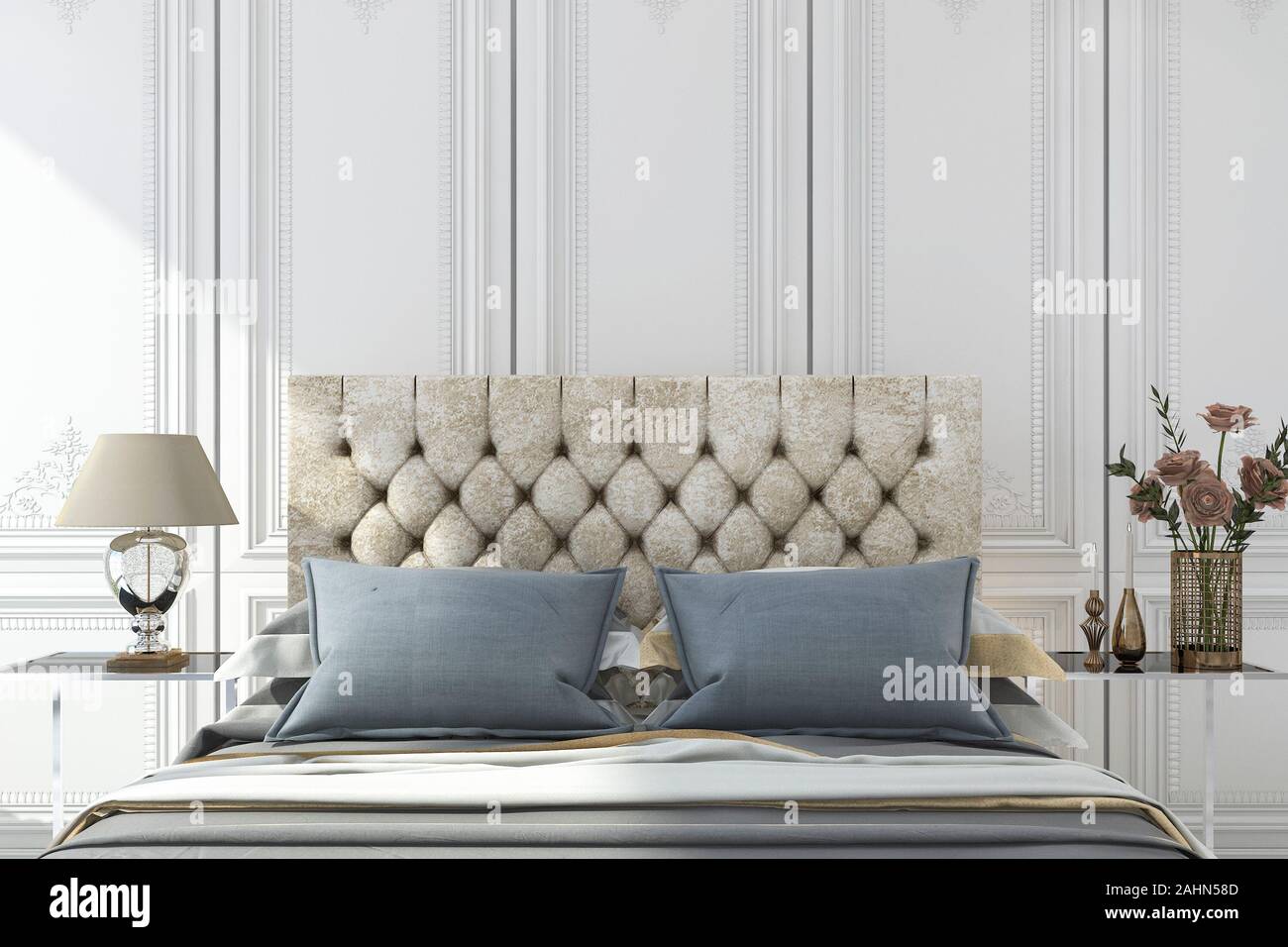 3d rendering luxury blue bed in white classic bedroom Stock Photo - Alamy