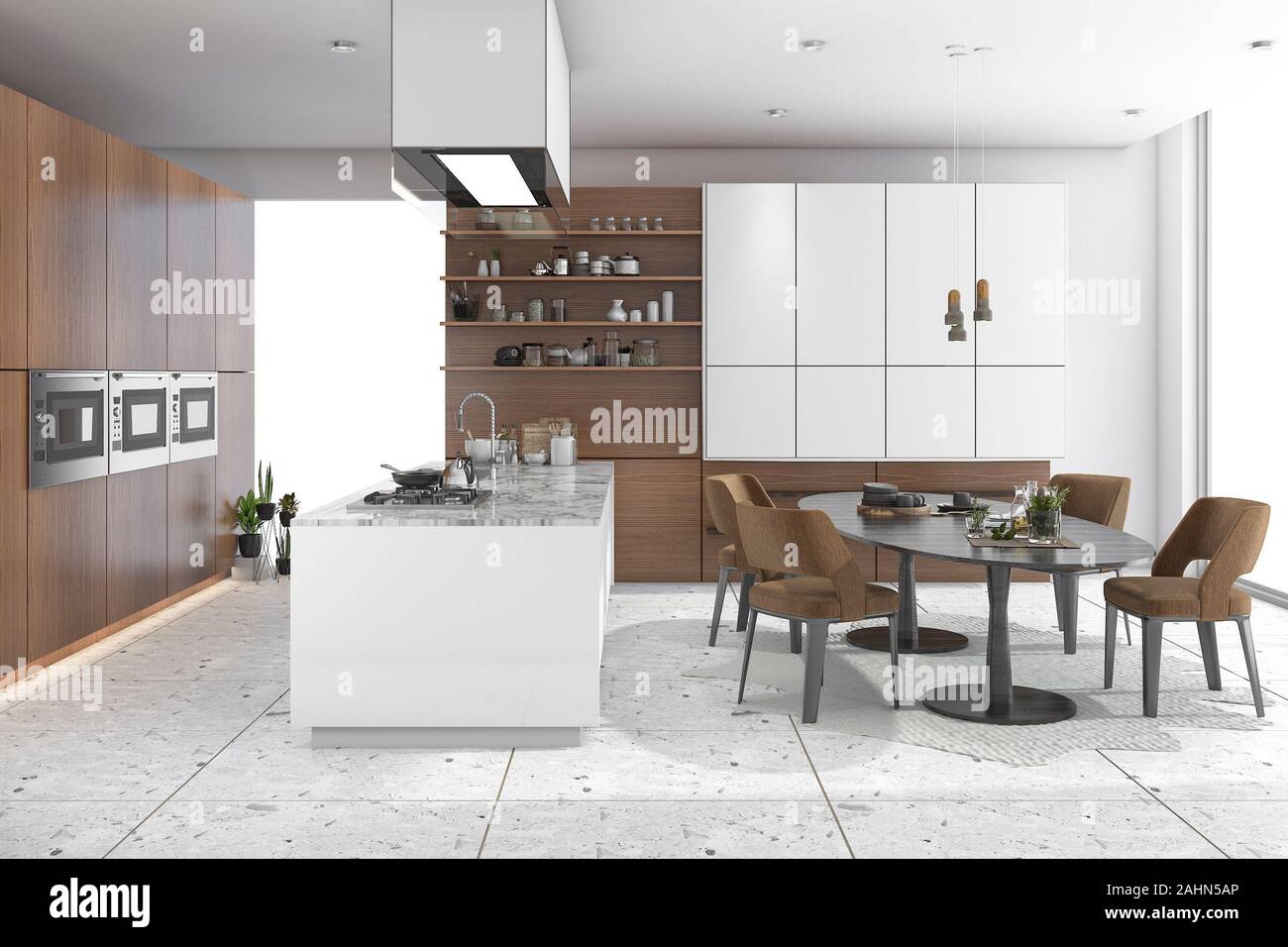 3d rendering dining set in wood kitchen and living design Stock Photo ...