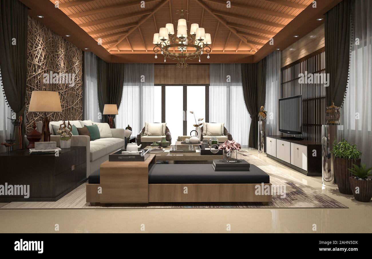 3d rendering tropical style resort suite living reception and lounge ...