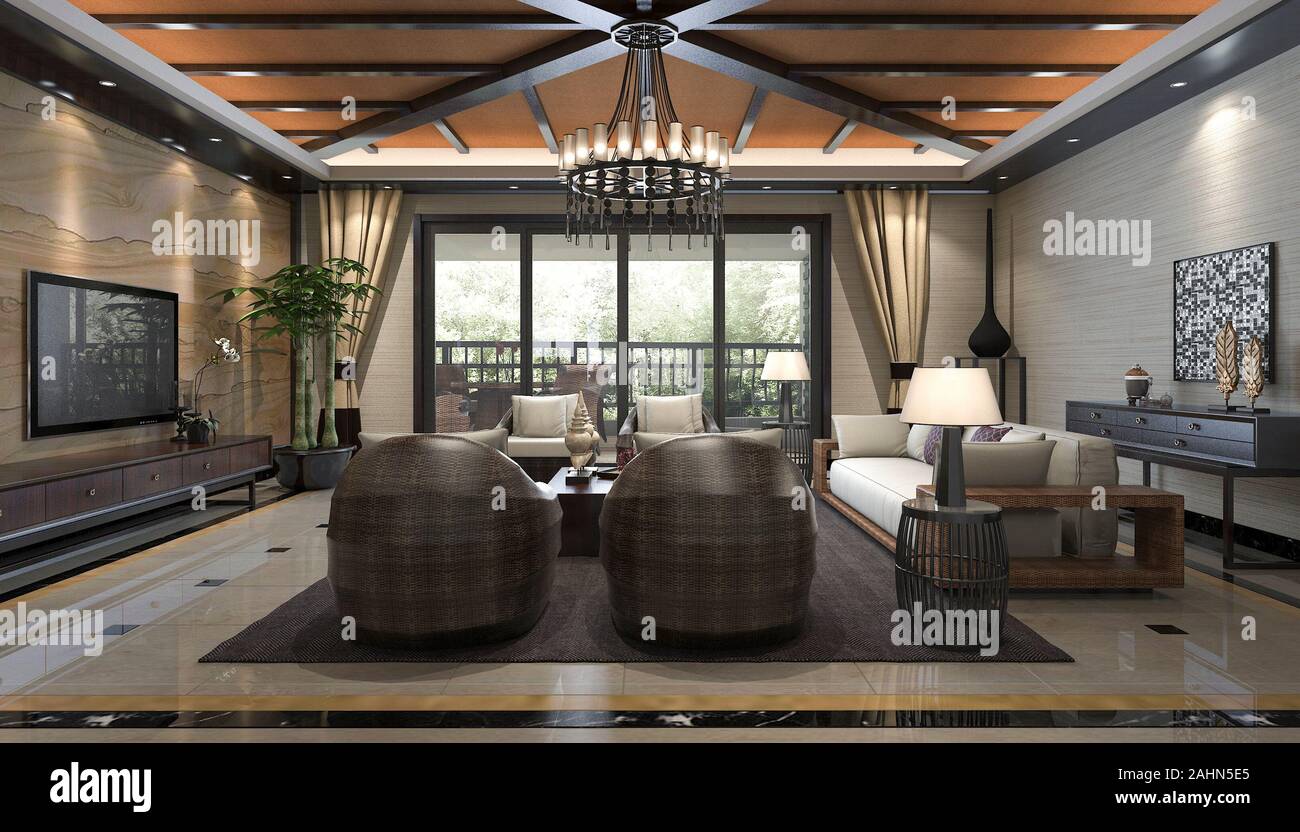 3d rendering tropical style resort suite living reception and lounge ...