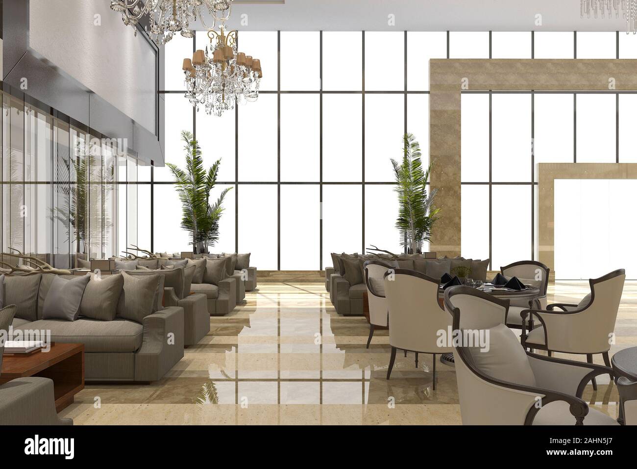 3d rendering luxury hotel reception and lounge restaurant Stock Photo ...