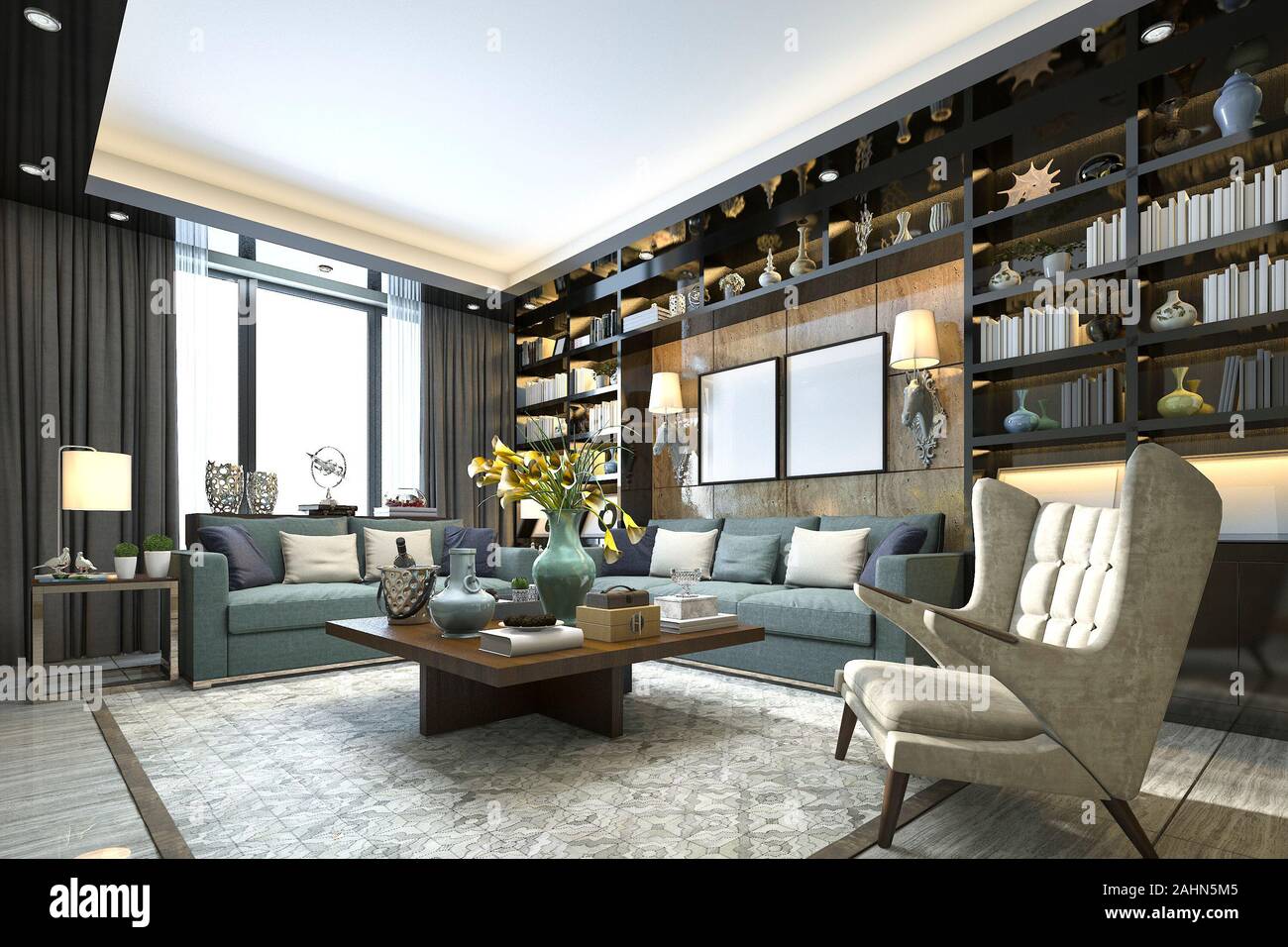 3d rendering loft luxury living room with bookshelf and library Stock ...