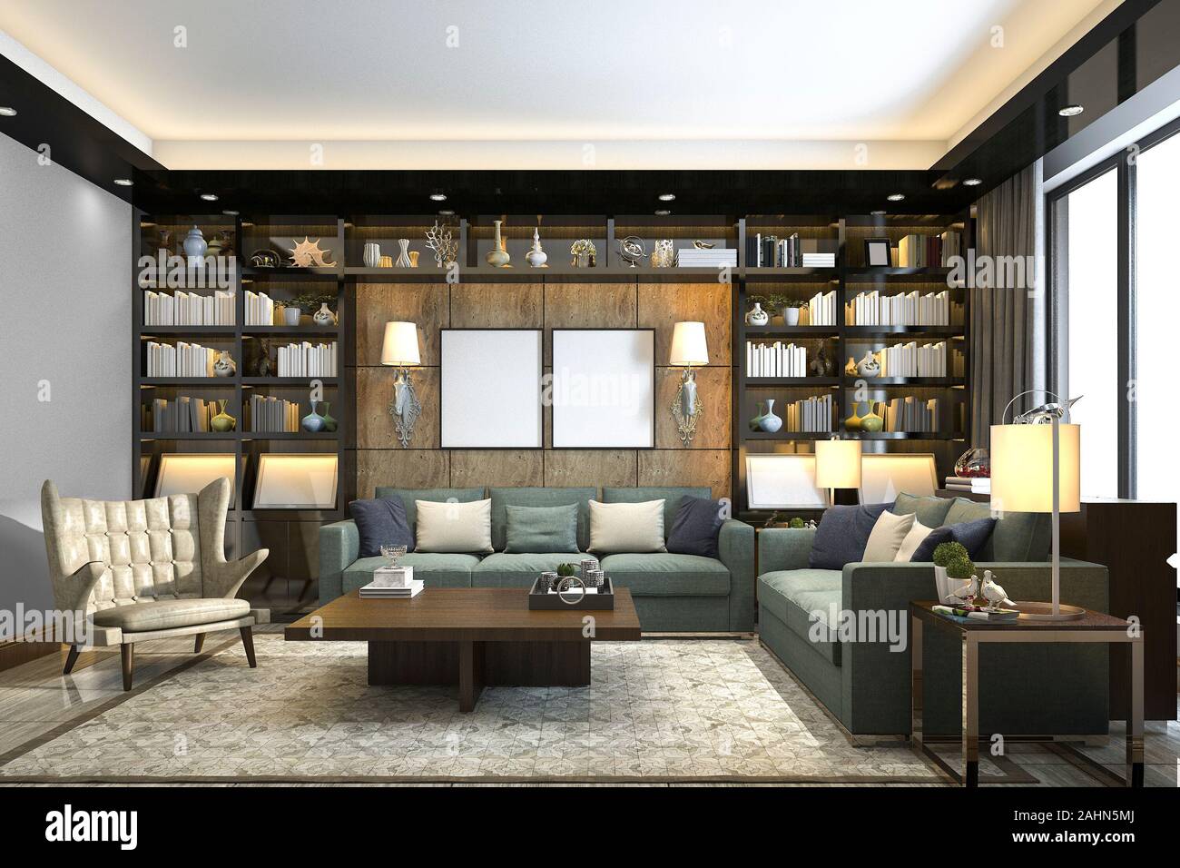 3d rendering loft luxury living room with bookshelf and library Stock ...