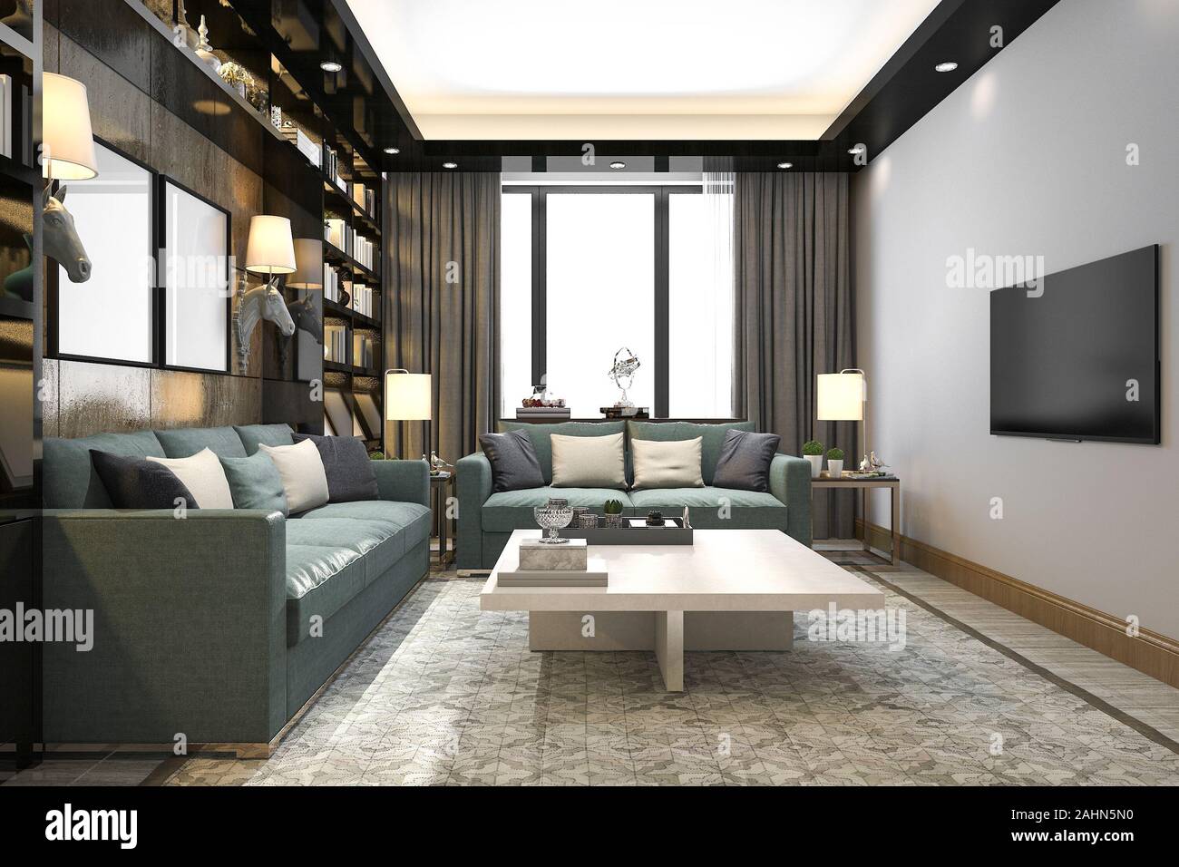 3d rendering loft luxury living room with bookshelf and library Stock ...