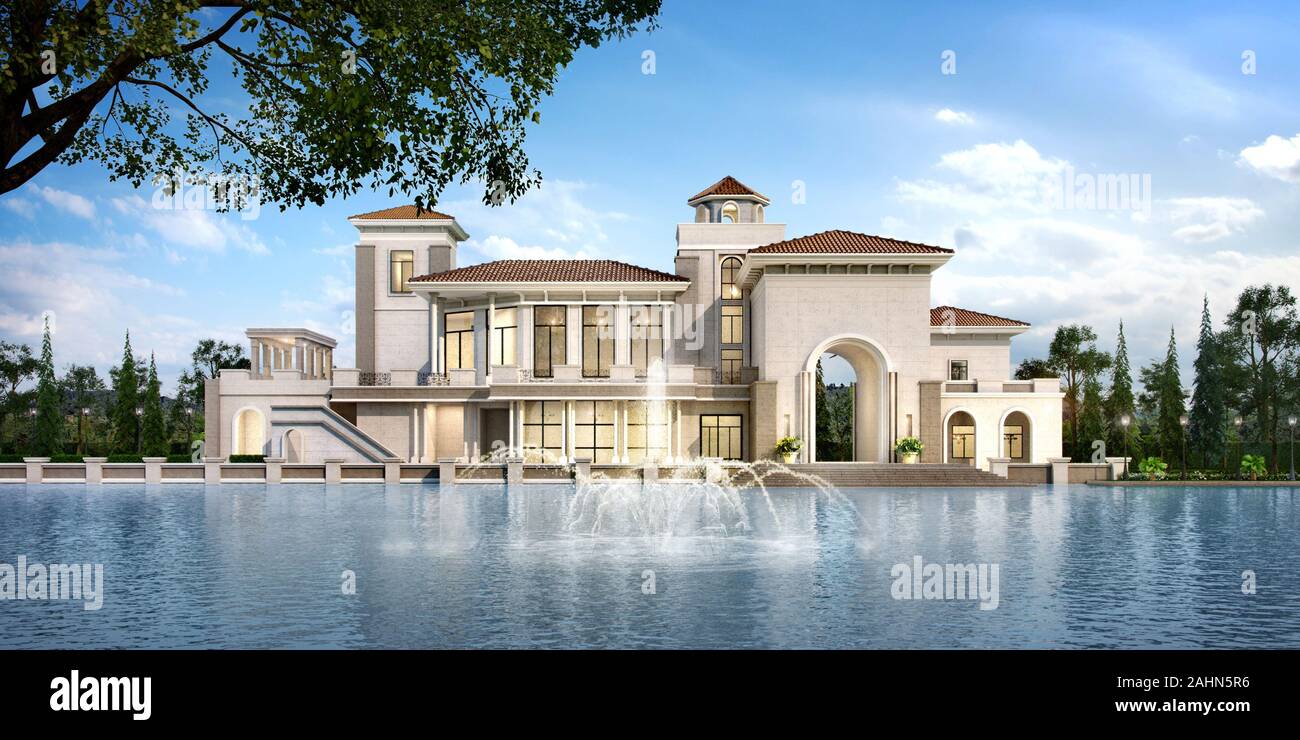 3d rendering modern classic clubhouse castle with luxury design garden ...