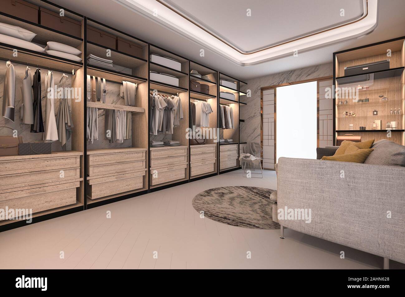 3d rendering minimal loft luxury wood walk in closet with wardrobe ...