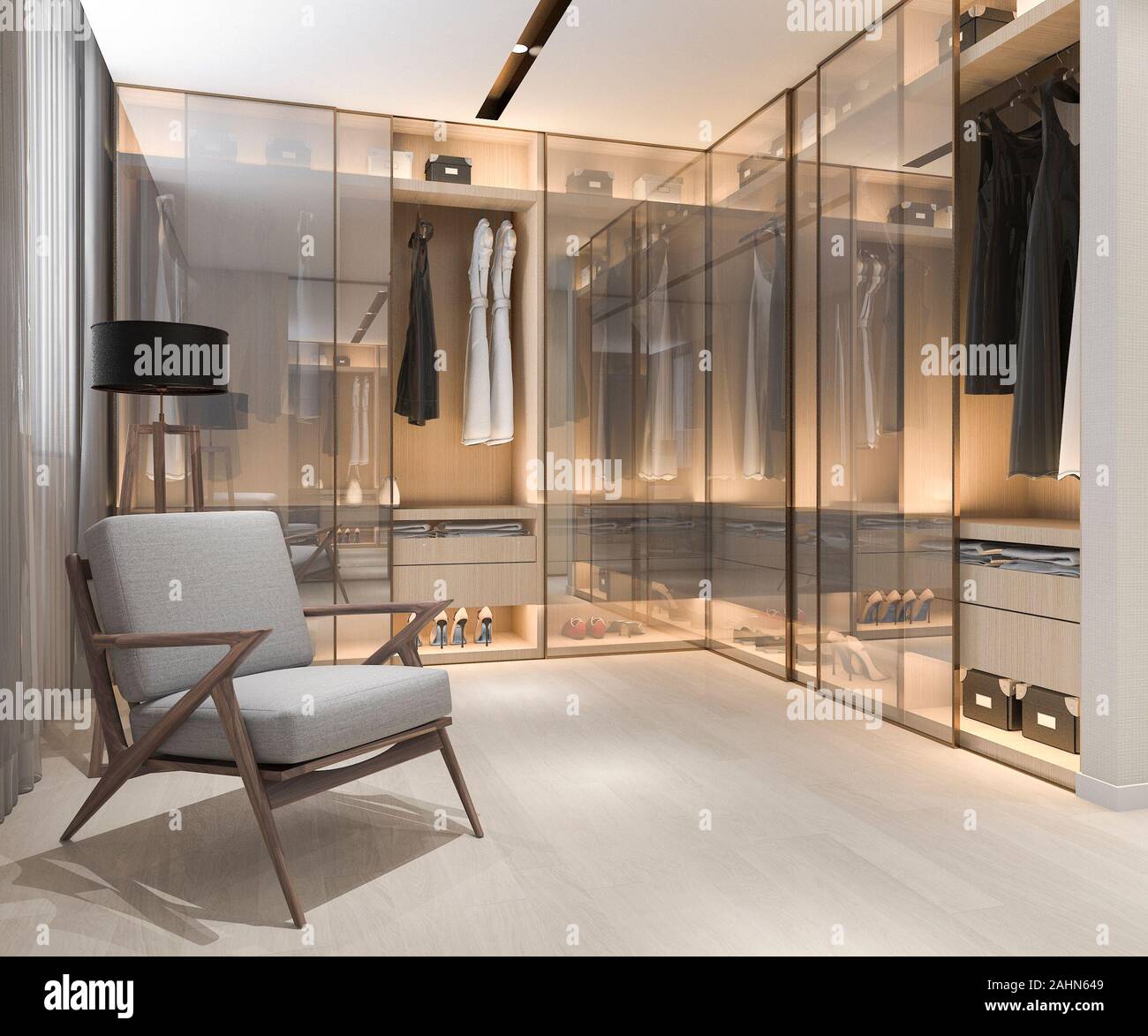 3d rendering minimal scandinavian wood walk in closet with wardrobe ...
