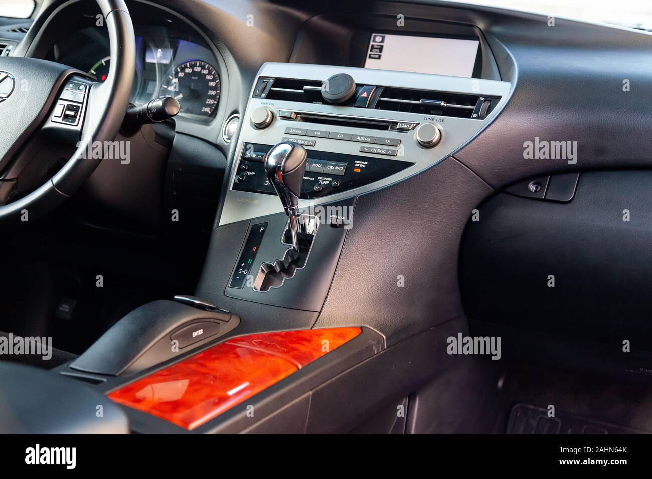 Novosibirsk, Russia - 12.19.2019: View to the black interior of Lexus ...