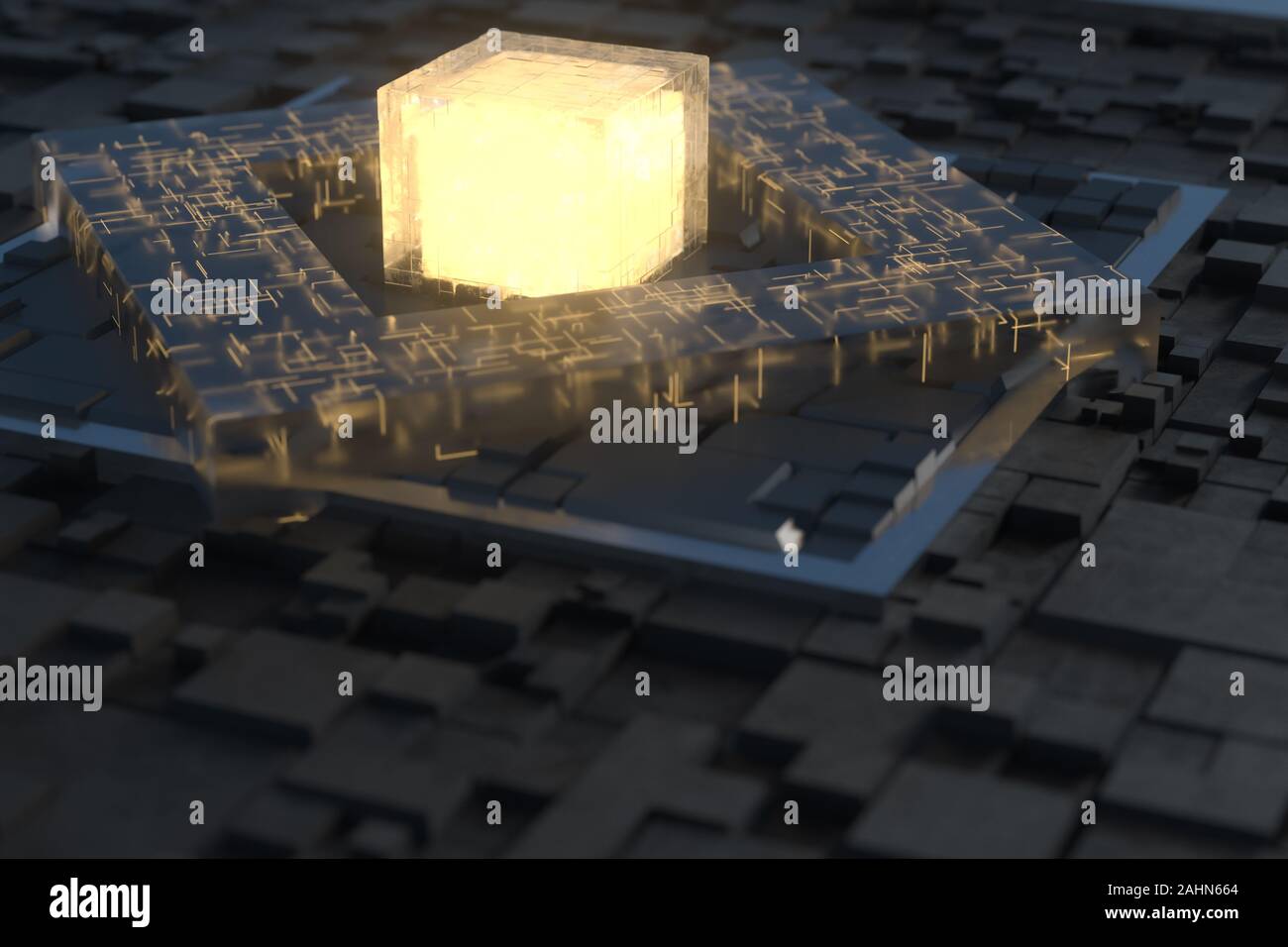 Luminous cube and circuits, black cubes, 3d rendering. Computer digital ...