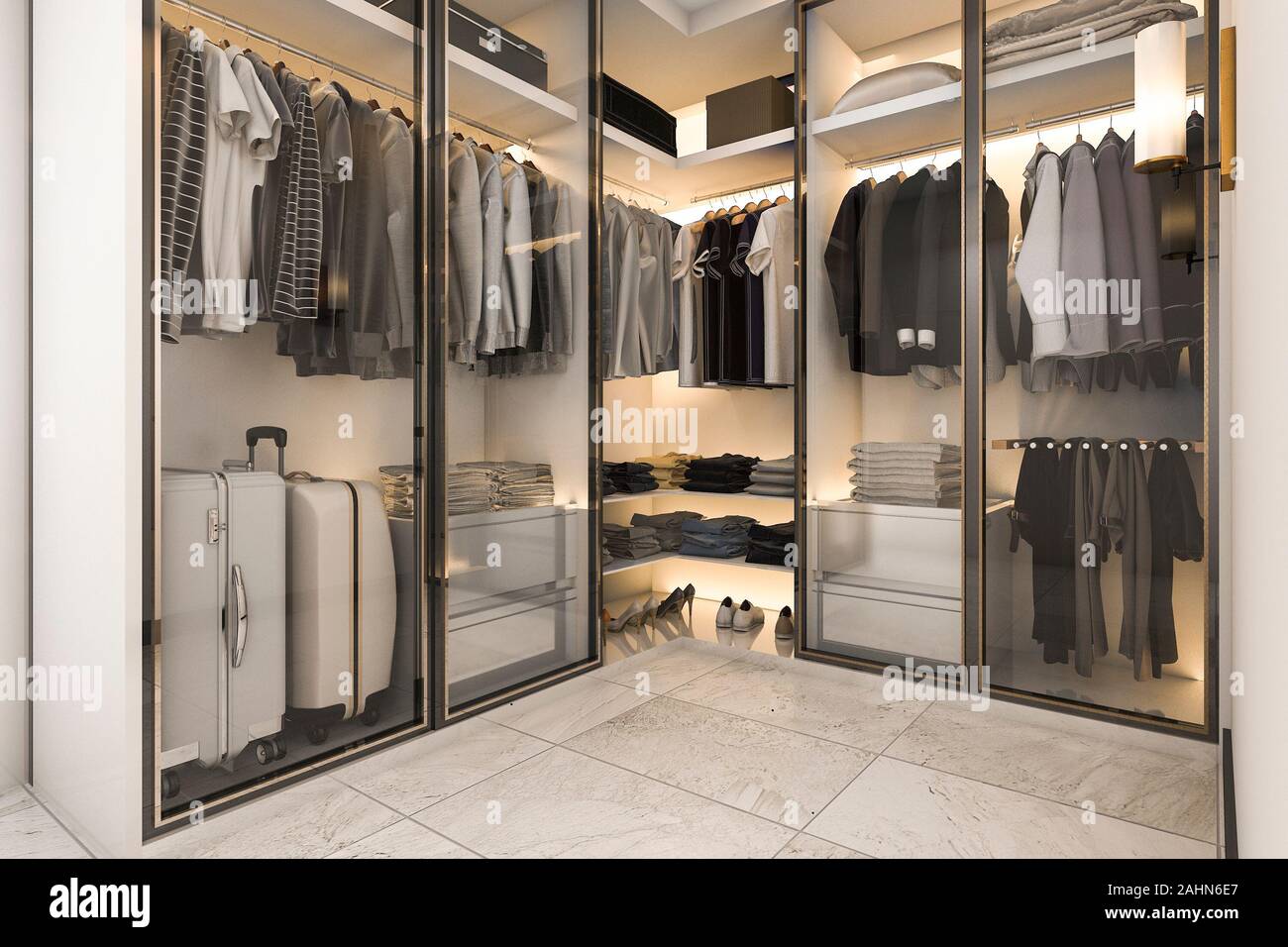 3d rendering walk in closet with golden decor Stock Photo - Alamy