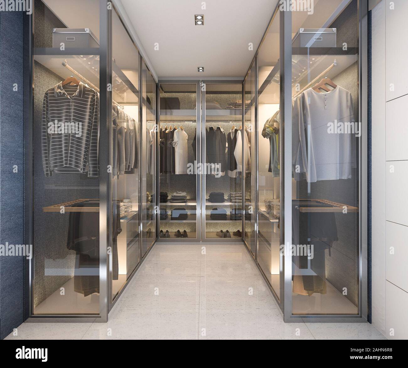 3d rendering modern luxury glass walk in closet with blue decor Stock ...