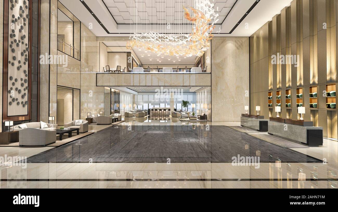 3d rendering luxury hotel reception hall and lounge restaurant Stock ...