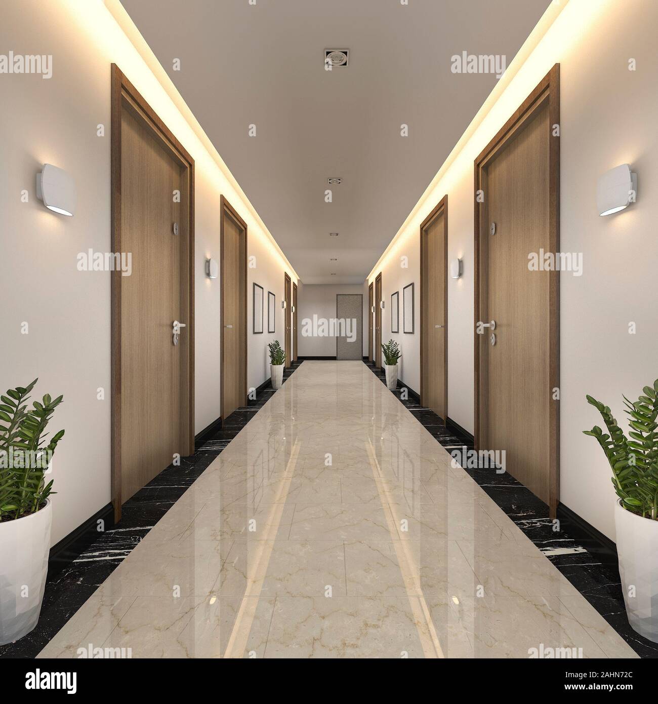 3d rendering modern luxury wood and tile hotel corridor Stock Photo - Alamy