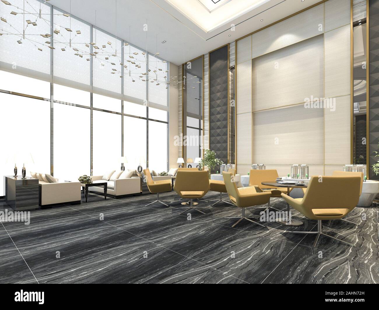 3d rendering yellow chair in luxury hotel lounge and reception Stock ...