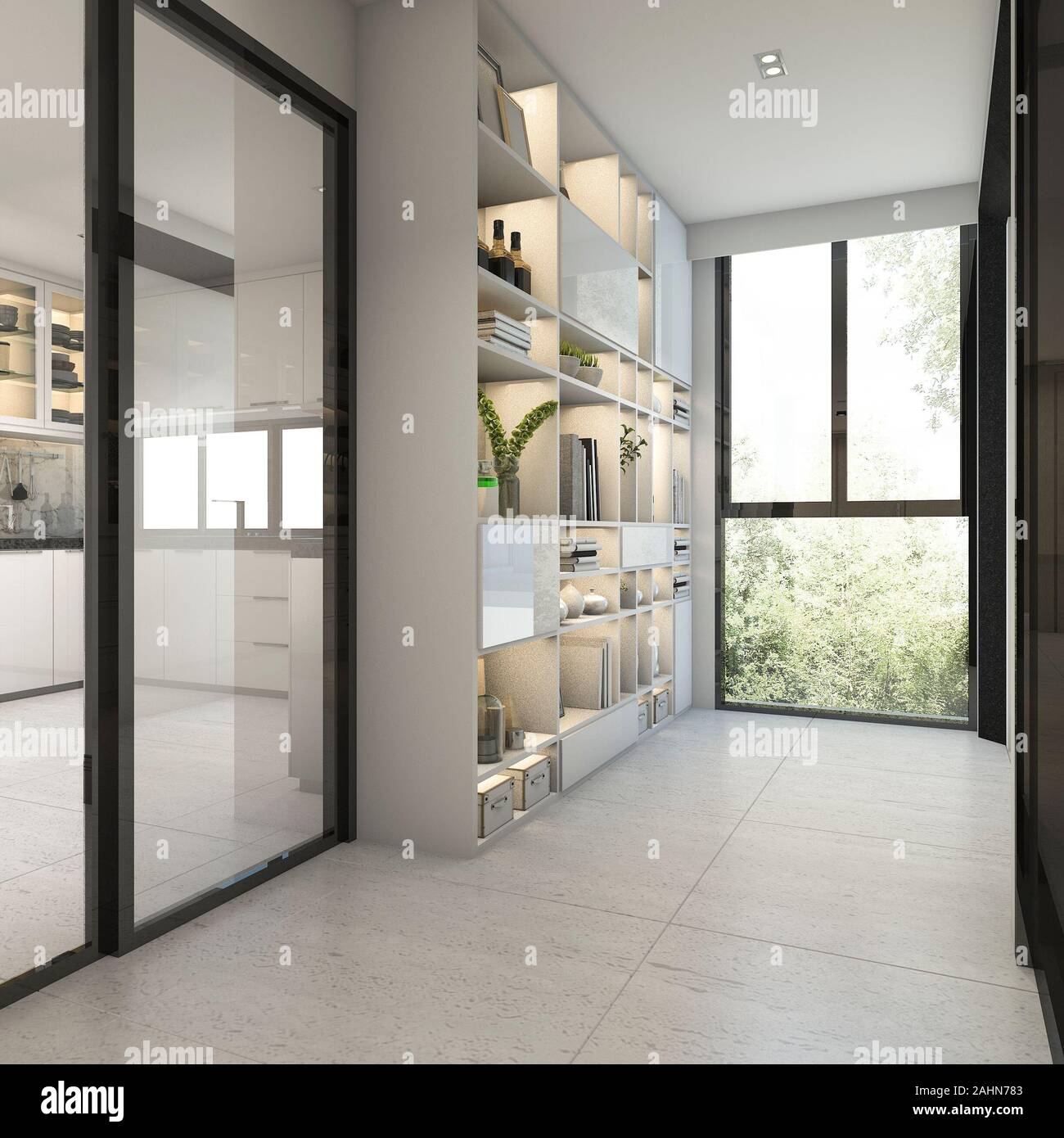 3d rendering modern shelf design in near corridor and window Stock ...