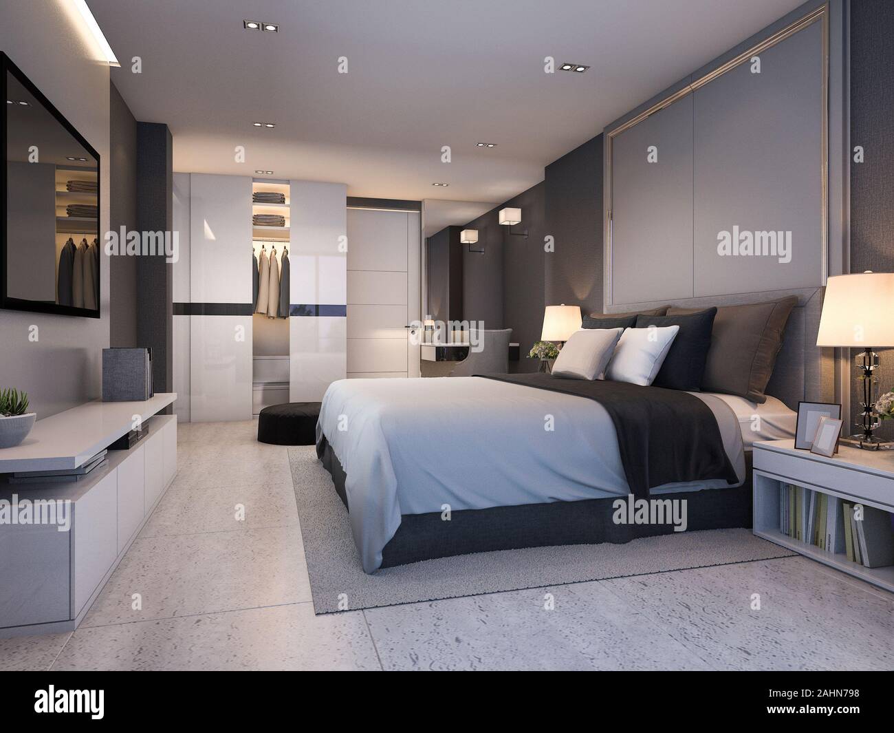 3d rendering modern luxury bedroom suite at night with cozy design ...