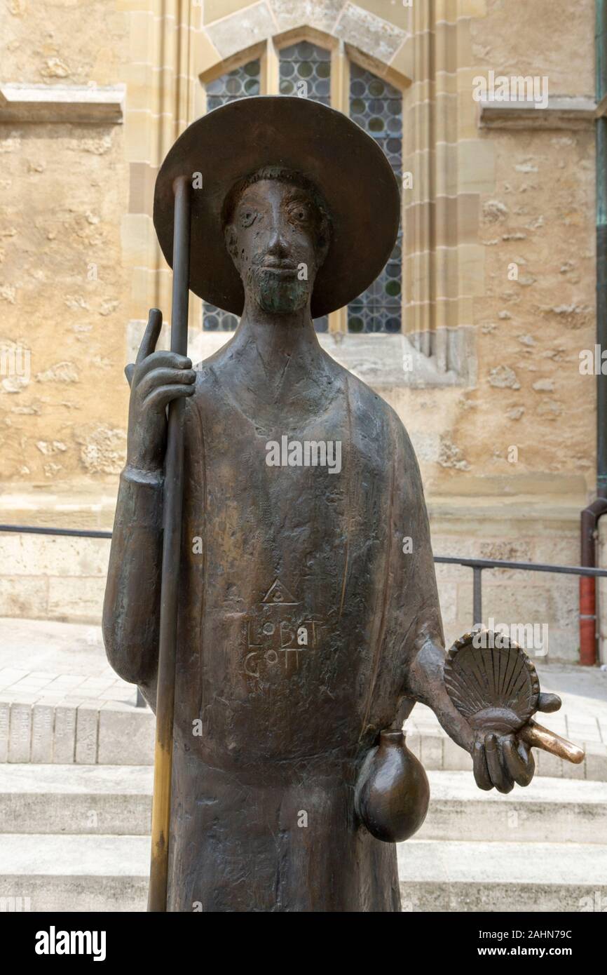 Monument to a pilgrim in bronze in front of the St. Jakobskirche ...