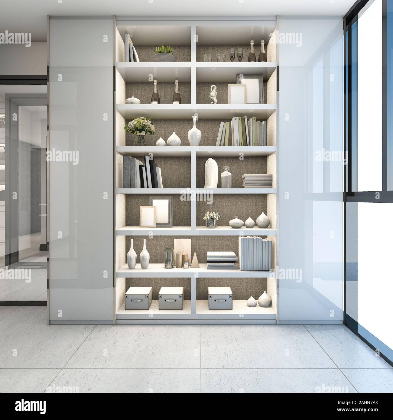 3d rendering modern shelf design in near corridor and window Stock ...