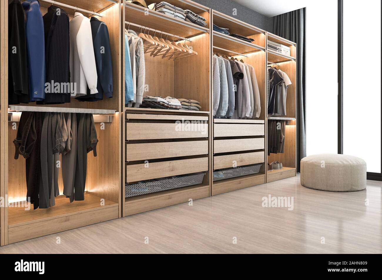 3d rendering modern scandinavian white wood walk in closet with ...