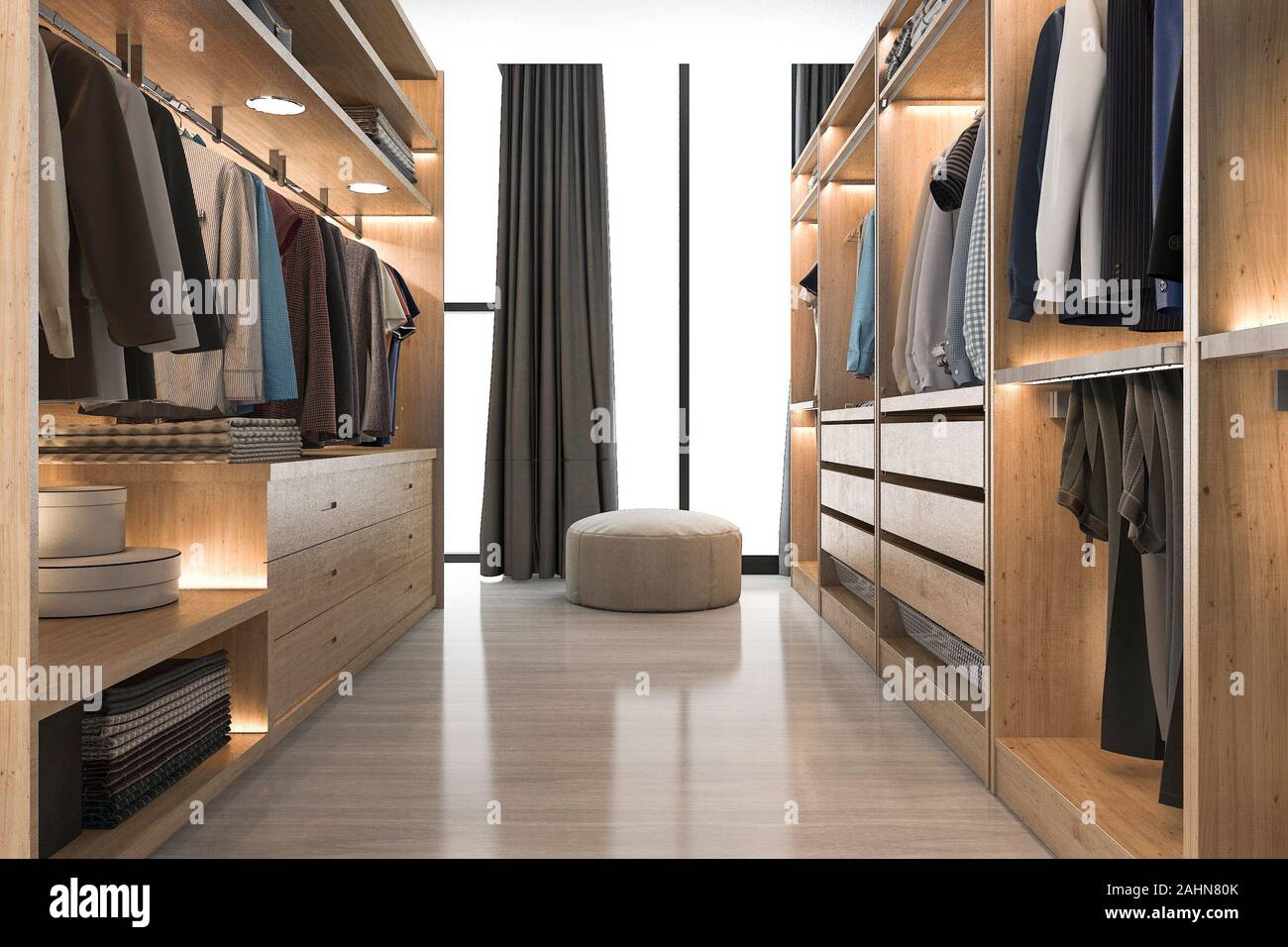 3d rendering modern scandinavian white wood walk in closet with ...
