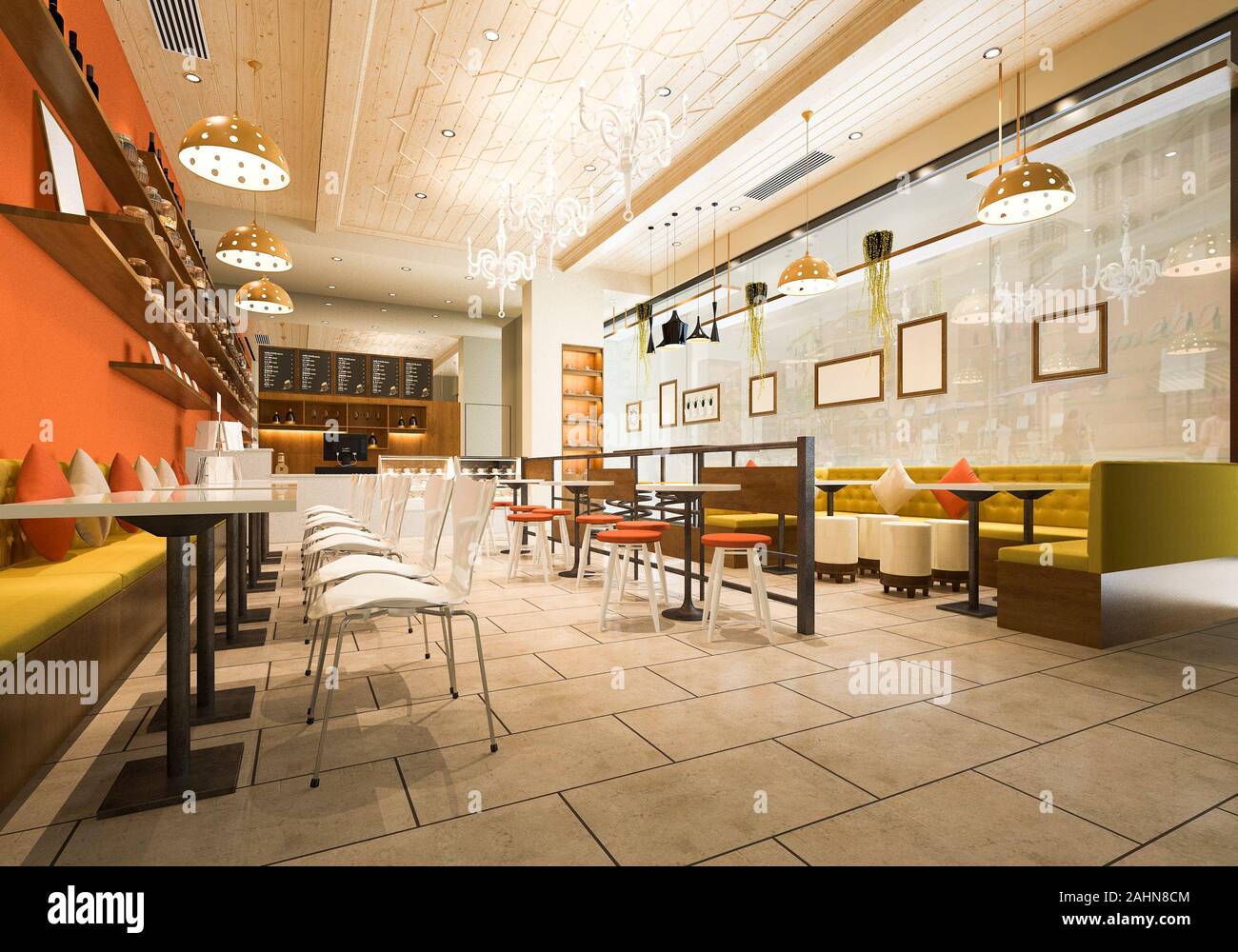 3d rendering loft and luxury hotel reception and cafe lounge restaurant ...