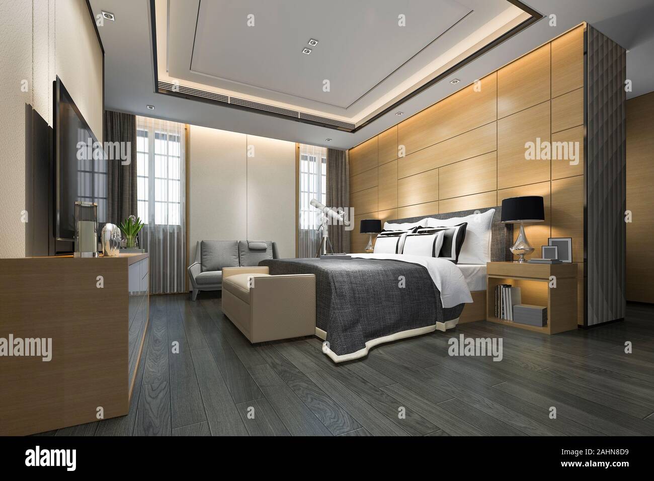 3d rendering luxury modern bedroom suite in hotel Stock Photo - Alamy