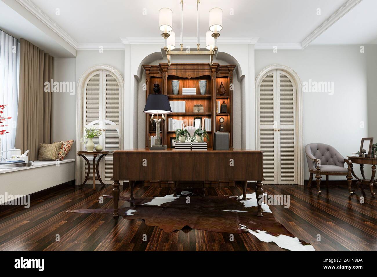 3d rendering european style study room with wood bookshelf Stock Photo ...