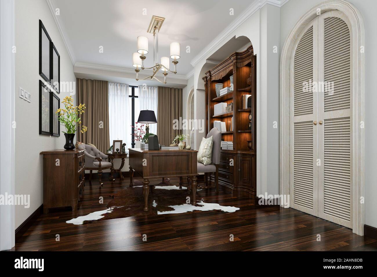 3d rendering european style study room with wood bookshelf Stock Photo ...