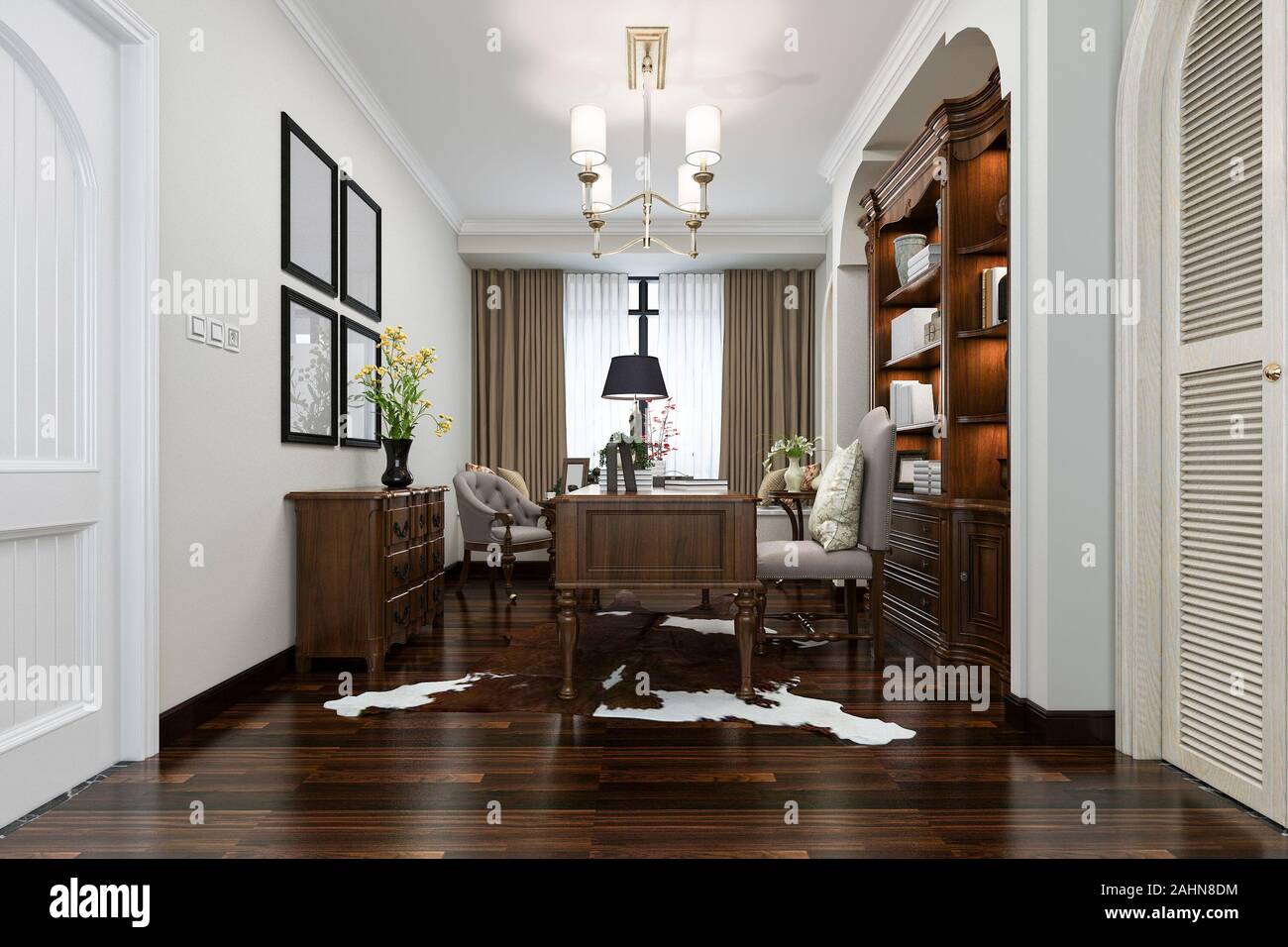 3d rendering european style study room with wood bookshelf Stock Photo ...