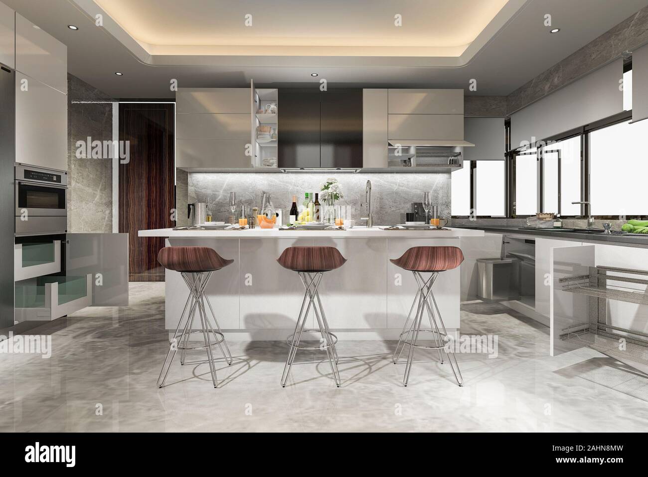 3d rendering beautiful modern kitchen with dining bar Stock Photo - Alamy
