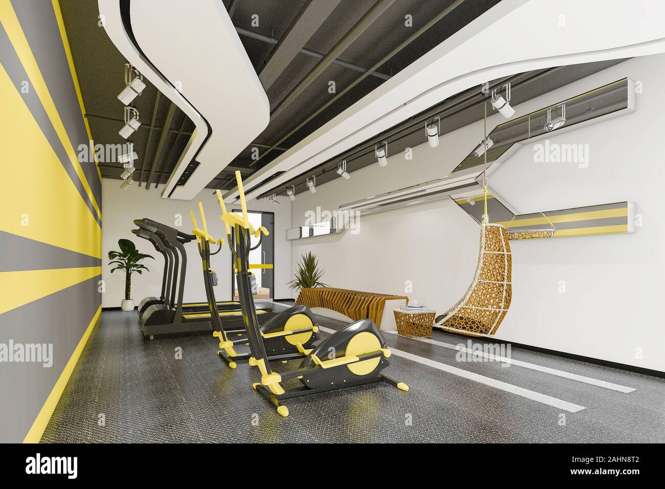 3d rendering modern yellow gym and fitness Stock Photo - Alamy