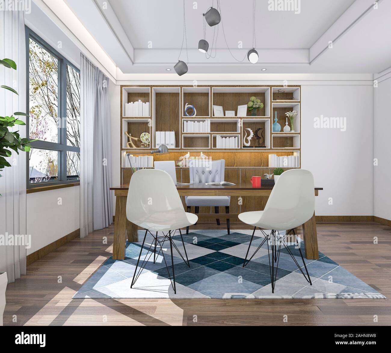 3d rendering modern wood minimal working room Stock Photo - Alamy