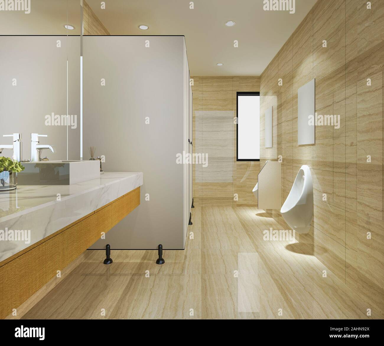 3d rendering wood and modern tile public toilet Stock Photo - Alamy