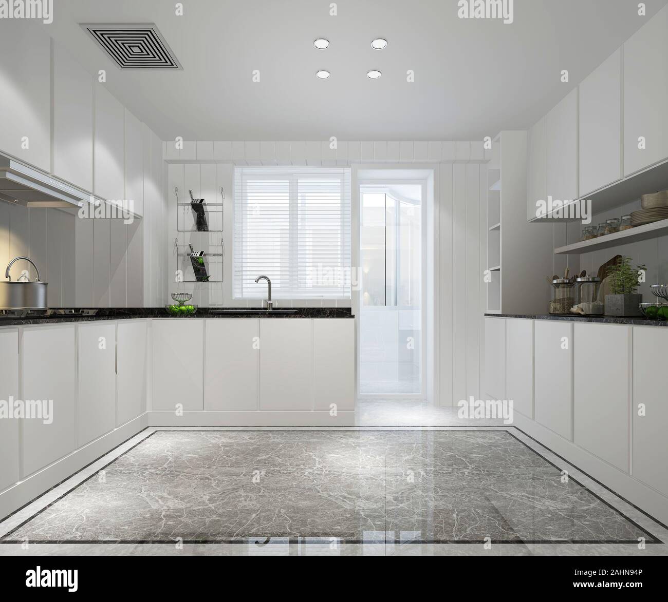 3d rendering white minimal kitchen with modern decor style Stock Photo ...