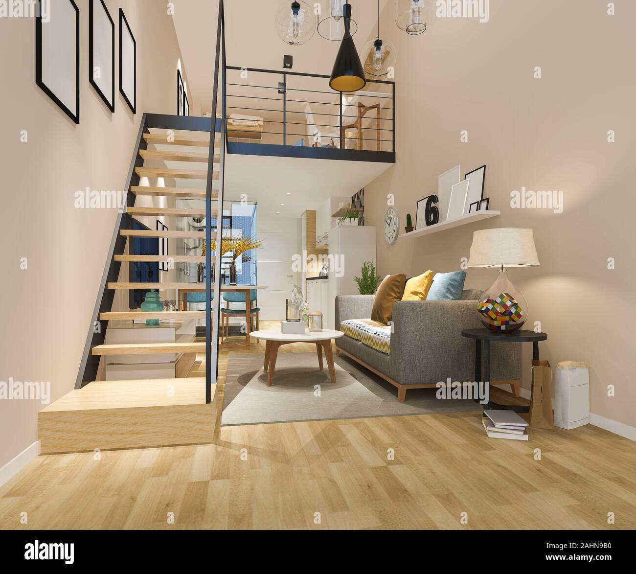 3d rendering white wood living room near bedroom upstair Stock Photo ...