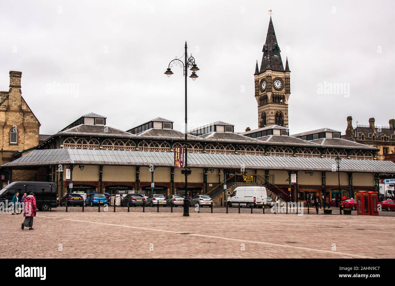 A view of the town clock and indoor market in Darlington in the north ...