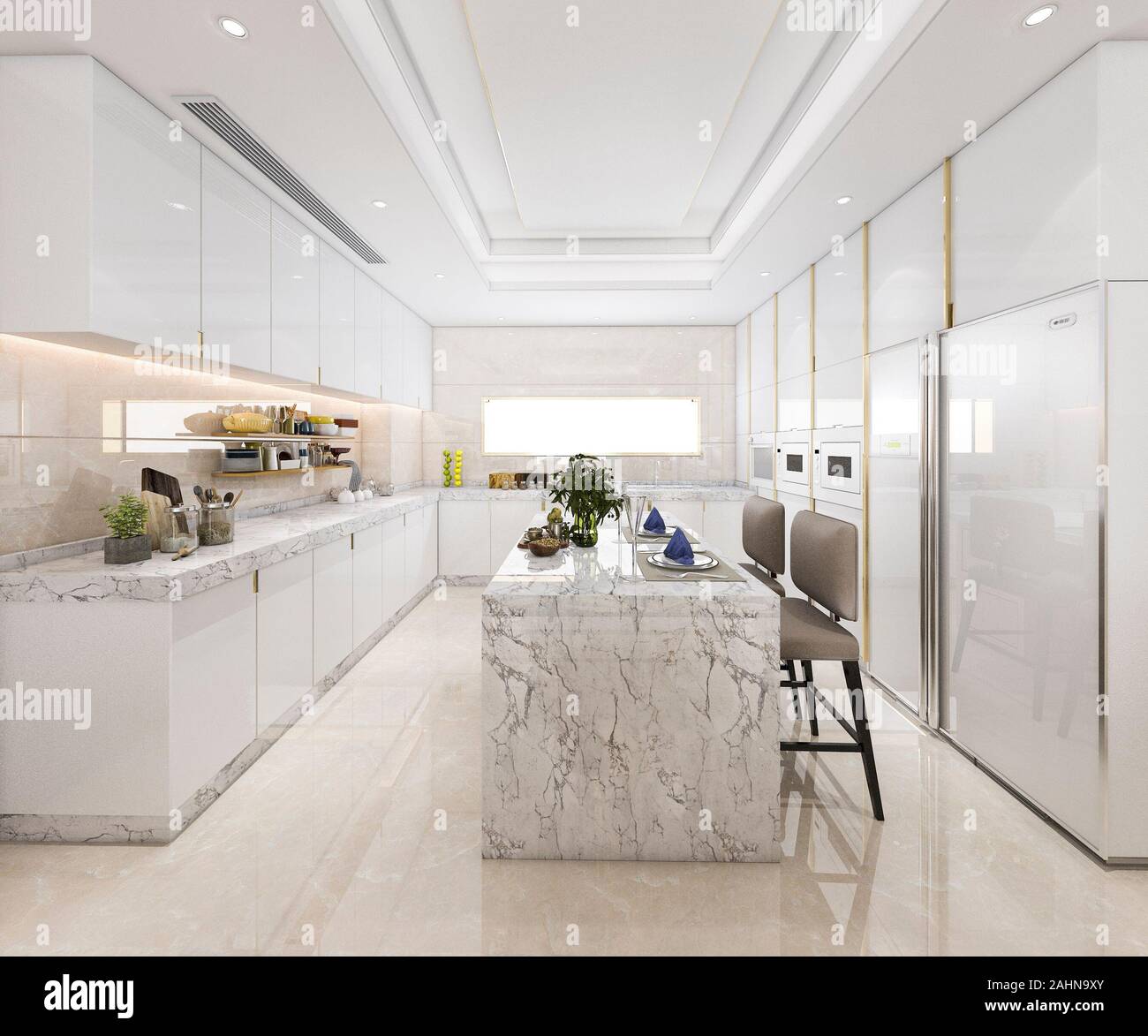 3d rendering white minimal kitchen with luxury decoration Stock Photo ...