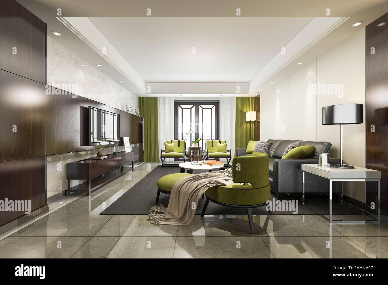3d rendering luxury and modern green living room with sofa Stock Photo ...