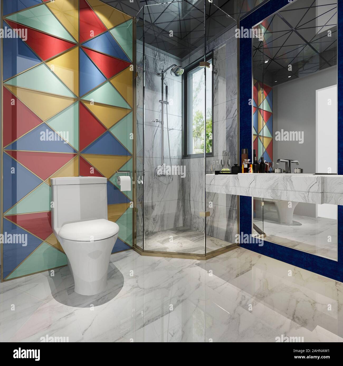 3d rendering modern bathroom with colorful tile decor Stock Photo - Alamy