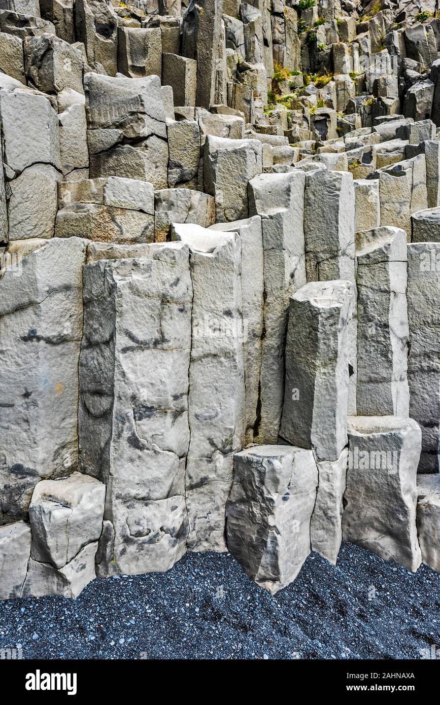 Vertical hexagonal Basalt cliffs in the bottom of Reynisfjall mountain ...