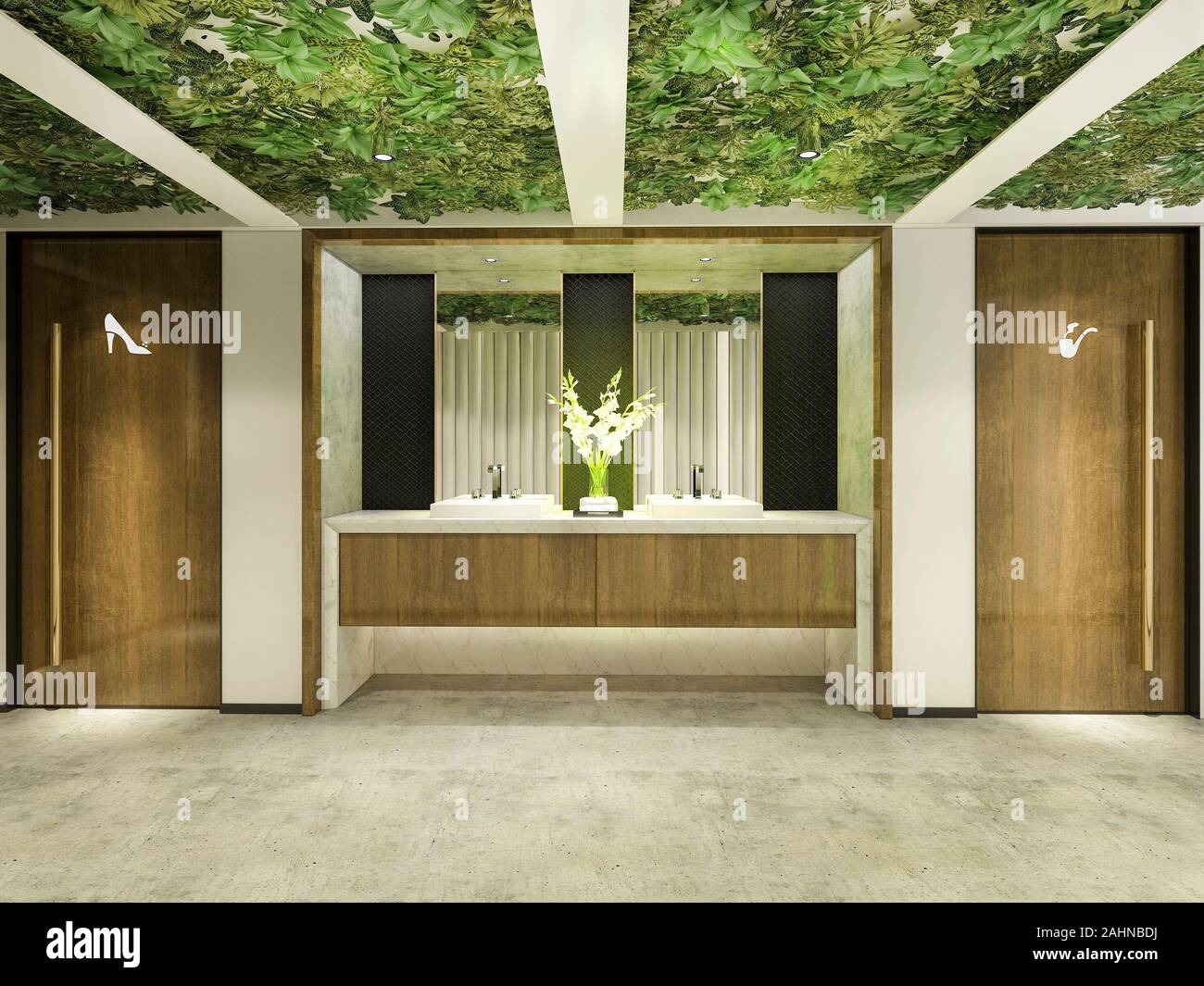 3d rendering wood and modern tile public toilet with green wall decor ...
