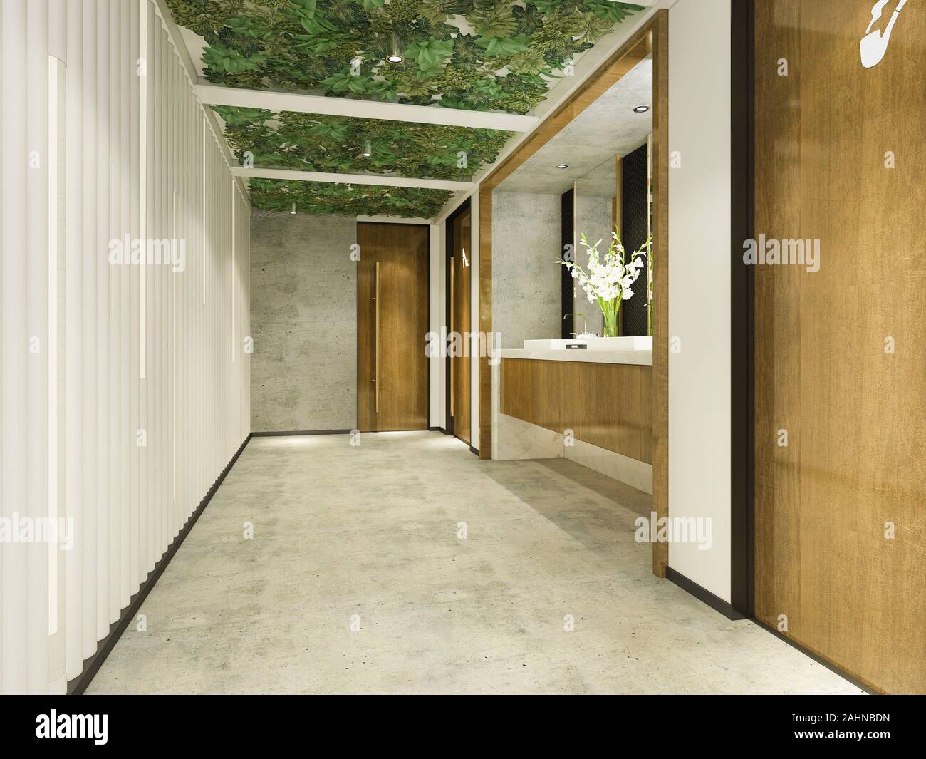 3d rendering wood and modern tile public toilet with green wall decor ...