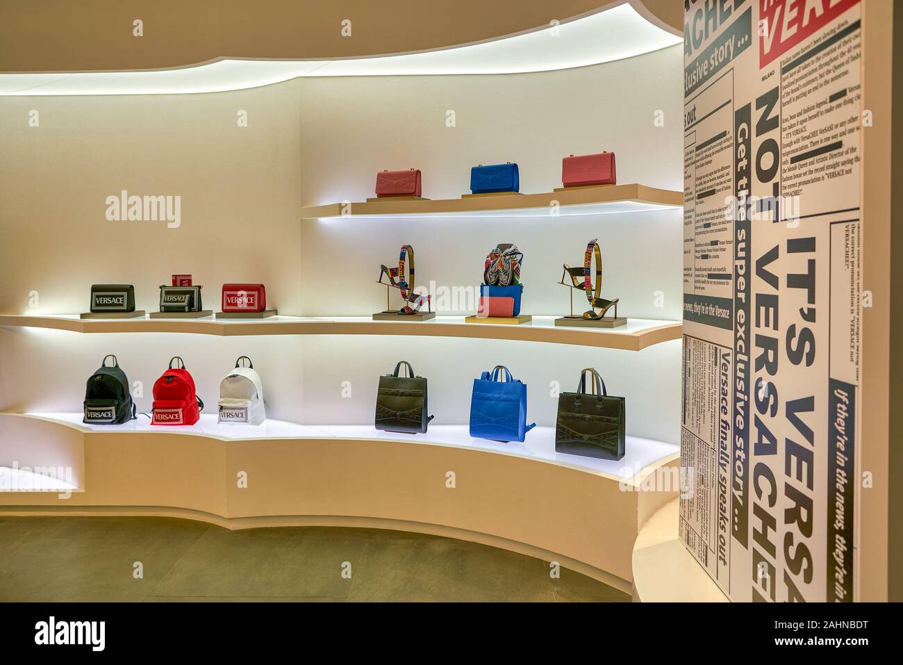SINGAPORE - CIRCA APRIL, 2019: bags on display at Versace store in The ...