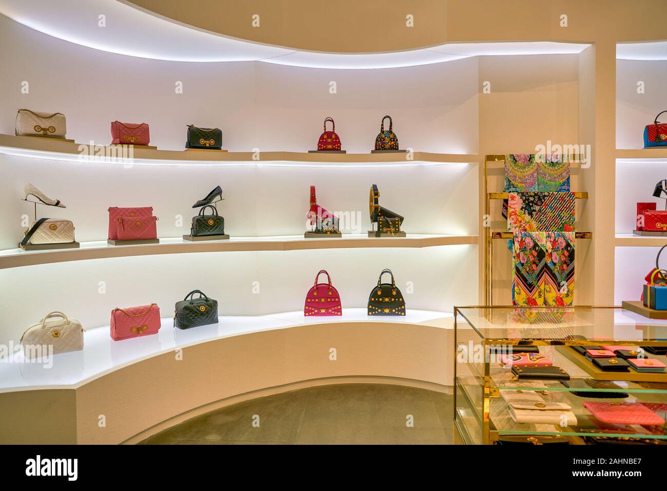 SINGAPORE - CIRCA APRIL, 2019: bags on display at Versace store in The ...