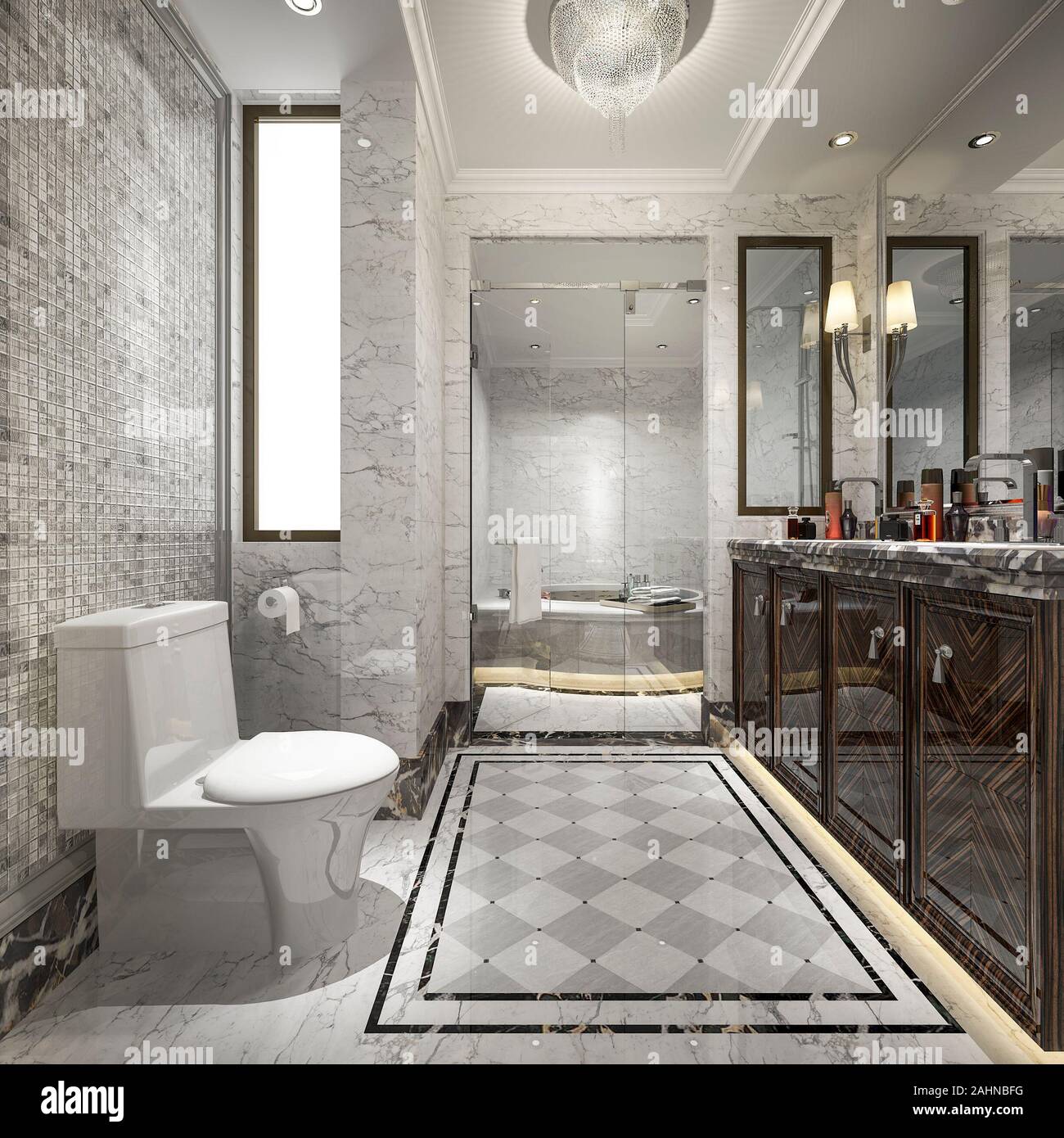 3d rendering modern classic bathroom with luxury tile decor with view ...