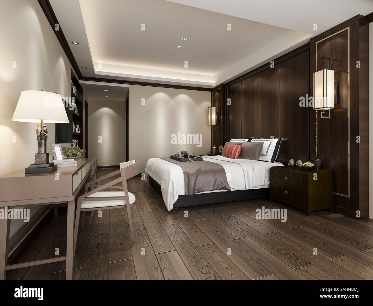 3d rendering beautiful luxury bedroom suite in hotel with tv and ...