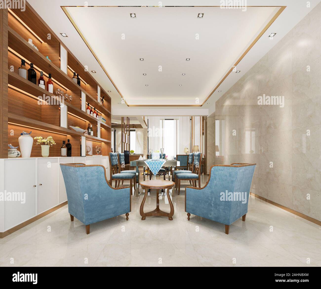 3d rendering loft luxury living room and working room with decor shelf ...